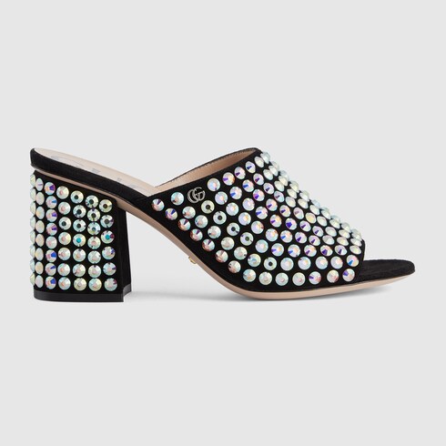 Women's slide sandal with crystals in black suede | GUCCI® TH