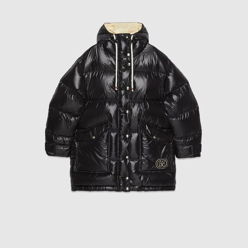 Shiny nylon puffer coat in black | GUCCI® TR