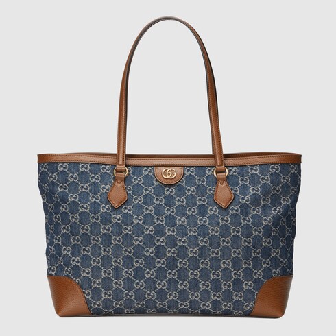 Ophidia GG medium tote in blue and ivory denim | GUCCI® SI