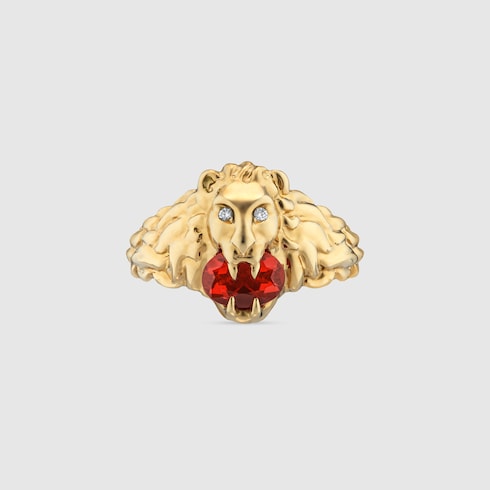 Lion Head 18k Ring With Fire Opal In Yellow Gold | GUCCI® NL