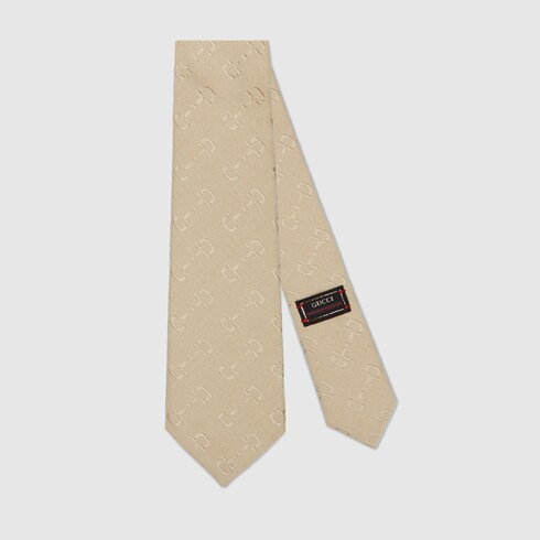 Cravatta in lana e seta jacquard con Morsetto in beige chiaro | GUCCI ...