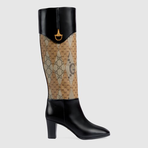 Botas GG con medio Horsebit para mujer en lona en beige y ébano | GUCCI® ES