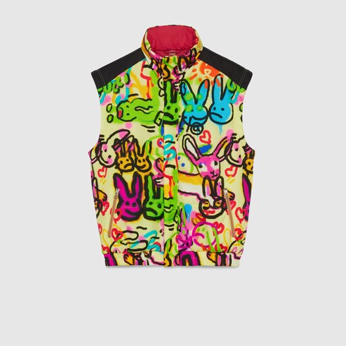 Bunny print padded nylon vest in ivory and multicolour | GUCCI® CZ