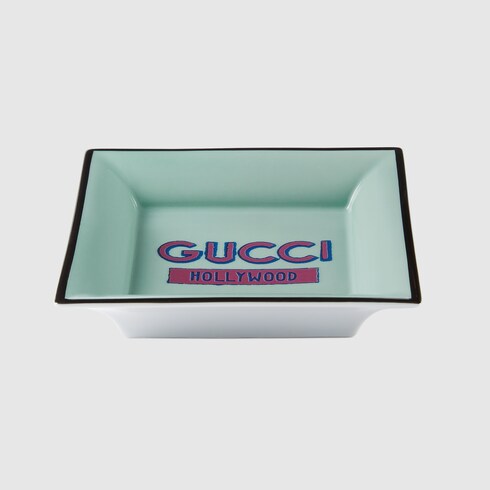 Square change tray with 'Gucci Hollywood' print in light blue and pink ...