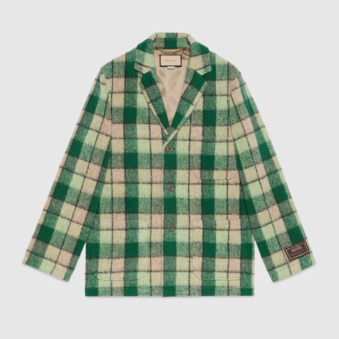 Macro check wool blend jacket in beige and green | GUCCI® Canada