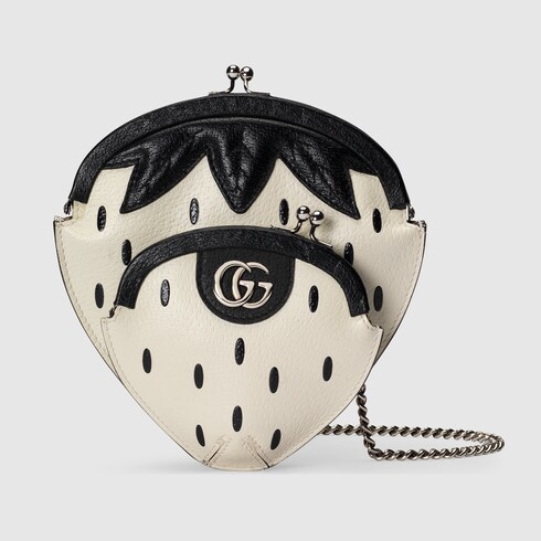 Strawberry-shaped mini bag in white and black leather | GUCCI® AE