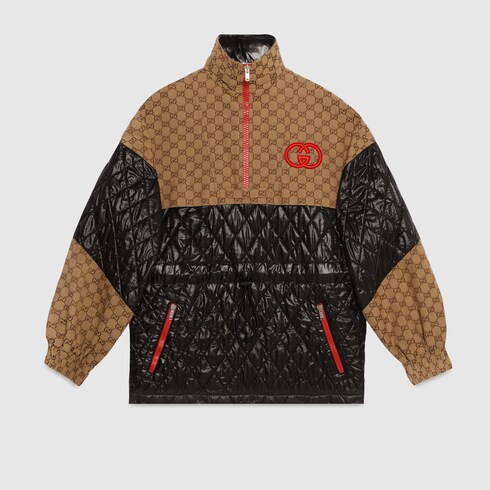 GG canvas and nylon zip jacket in beige and ebony | GUCCI® PL