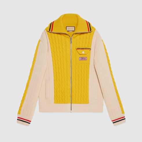 Cable knit wool zip cardigan in yellow and ivory | GUCCI® AE