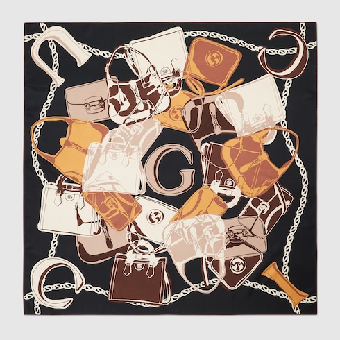 Gucci bag print twill carré in navy blue and light brown | GUCCI® Canada