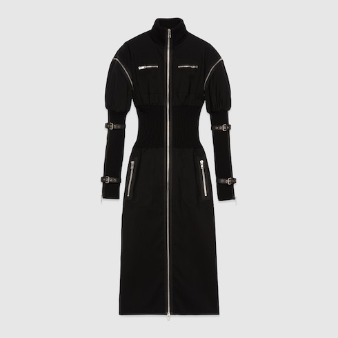 Abito lungo in lana con dettaglio zip in nero | GUCCI® Italia