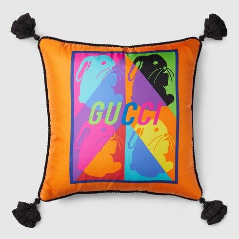 Technicolour Gucci bunny print silk cushion in dark red and multicolour ...