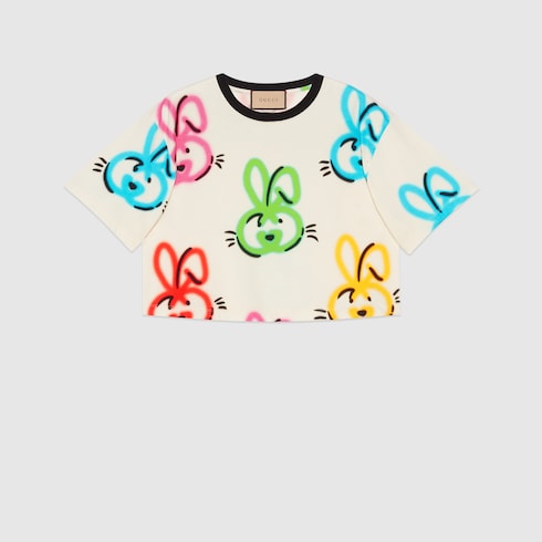 Bunny print cotton jersey cropped T-shirt in ivory | GUCCI® 香港