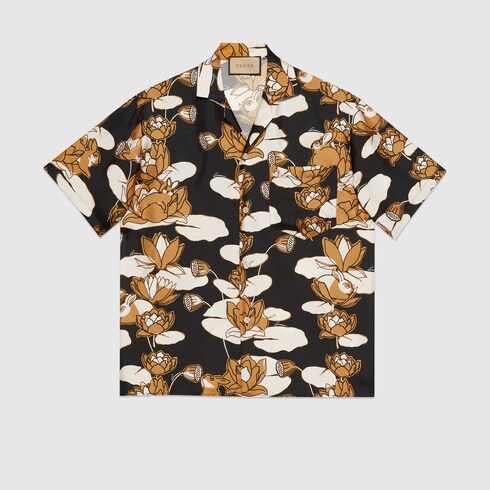 Bunny print silk twill shirt in black, ivory and beige | GUCCI® AE