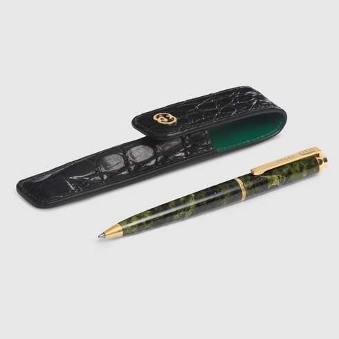 Pen with crocodile Interlocking G case in green marble | GUCCI® TH