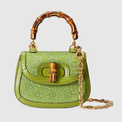 Gucci Bamboo 1947 mini GG crystal bag in green moiré fabric | GUCCI® AE