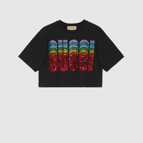 Cotton T-shirt with Gucci embroidery in black | GUCCI® 香港