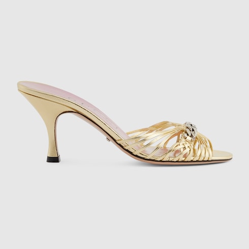 Women's slide sandal with Interlocking G chain in gold leather | GUCCI® TH