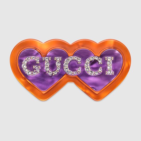 Double heart resin brooch in orange and purple resin | GUCCI® 香港