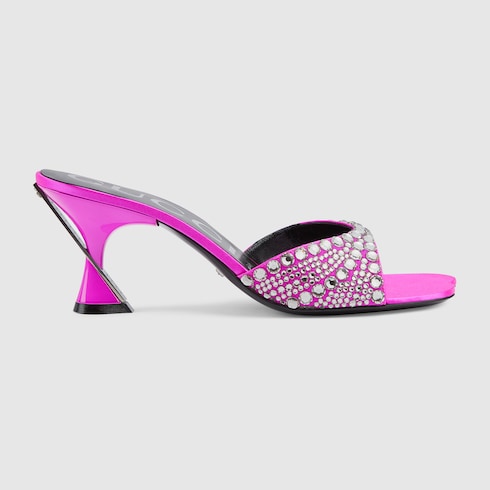 Women's slide sandal with crystals in fuchsia sik satin | GUCCI® TH