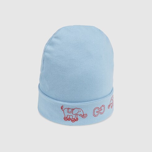 Baby hat with elephant embroidery in blue and red | GUCCI® US