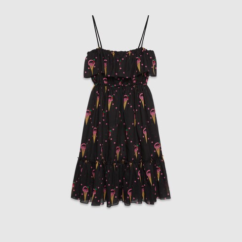 Cotton dress with Gucci ice cream print in black | GUCCI® TH