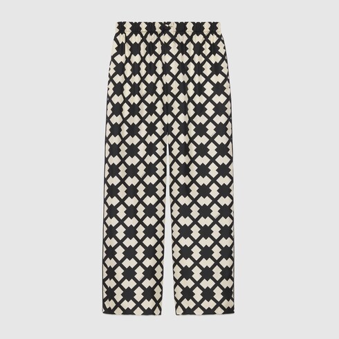 Rhombus tile silk trouser in black and white | GUCCI® LU