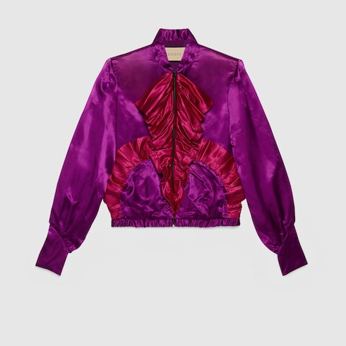Duchesse bomber jacket with ruffle detail in purple | GUCCI® TH