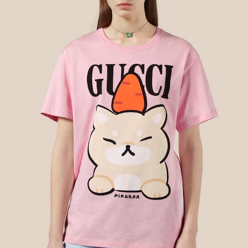 Gucci animal print cotton T-shirt in pink | GUCCI® NZ