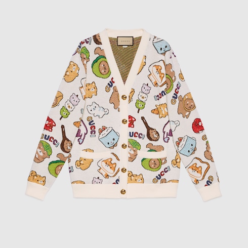 Gucci animal cotton wool jacquard cardigan in ivory and multicolor ...