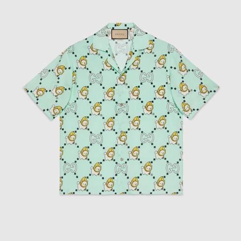 Animal print viscose shirt in aquamarine | GUCCI® TH