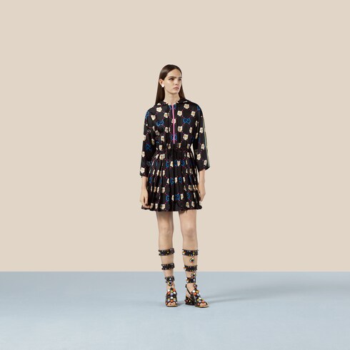 GG animal print silk dress in black | GUCCI® TH