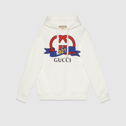 Felpa con stampa 1921 e Incrocio GG in bianco | GUCCI® Italia