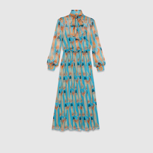 Lipstick and tool print silk dress in light blue and gold | GUCCI® NO