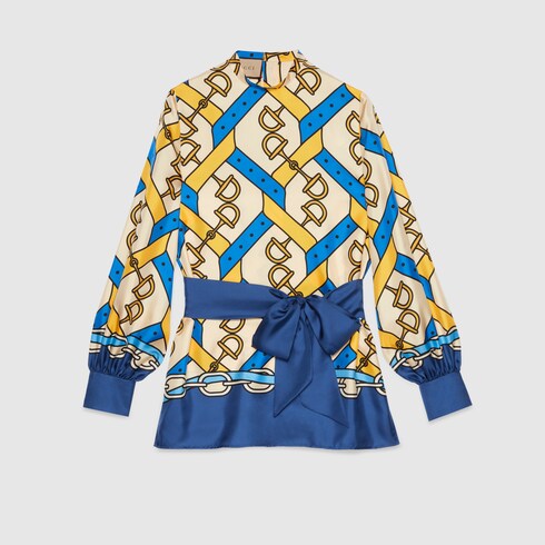 Horsebit strap print silk shirt in ivory | GUCCI® PL