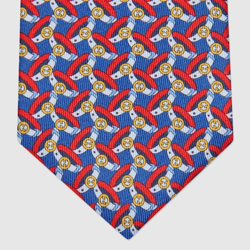 Cravate en soie à imprimé ceintures GG enlacés rond en rouge et bleu ...