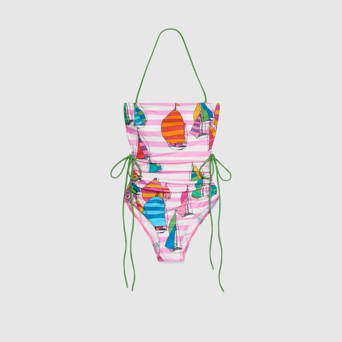 Gucci boat print sparkling jersey swimsuit in ivory and pink | GUCCI® UK