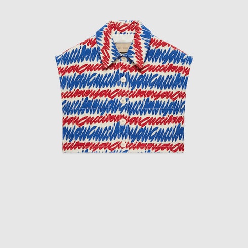 Gucci script print shirt in Blue Red Ready-to-wear | GUCCI® SI