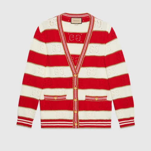 Striped GG cotton cardigan in red and ivory | GUCCI® SG