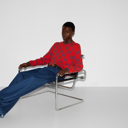 GG knit cotton jacquard jumper in Blue Red Ready-to-wear | GUCCI® SI