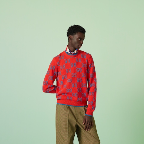 GG knit cotton jacquard jumper in Blue Red Ready-to-wear | GUCCI® SI