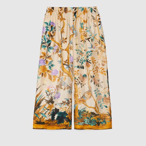 Tian print silk trouser in ivory and lilac | GUCCI® AE