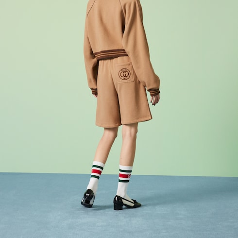 Cotton jersey shorts with embroidery in Beige Ready-to-wear | GUCCI® SI