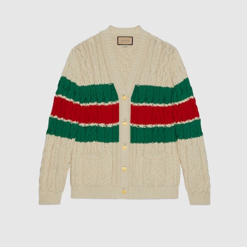 Cotton cardigan with Web in ivory | GUCCI® SG