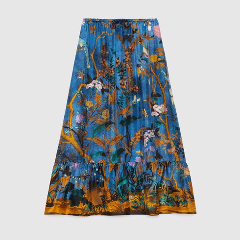 Gucci Tian print silk twill skirt in dark blue | GUCCI® 香港
