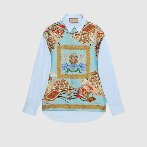 Cotton poplin with crest print in light blue | GUCCI® AE