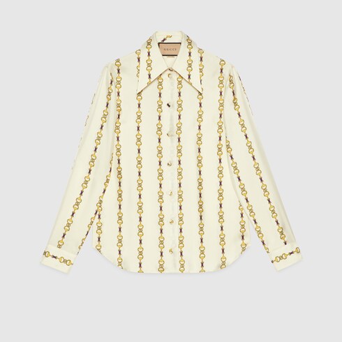 Gucci script print silk shirt in ivory | GUCCI® IE