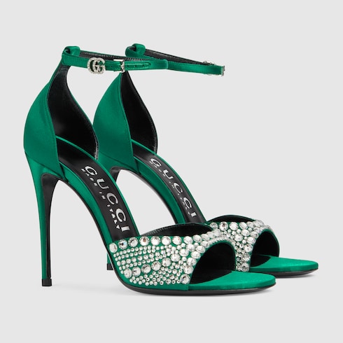 Women's high heel sandals with crystals in Green Fabric | GUCCI® SI
