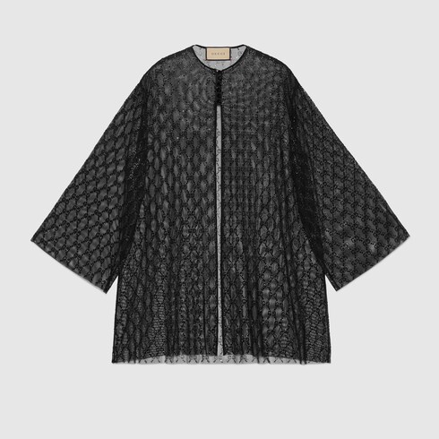 Crystal GG stretch nylon tulle shirt in black | GUCCI® DK