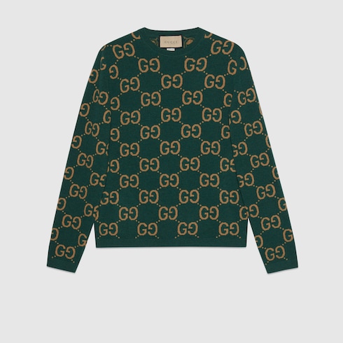 Maglione in jacquard di lana GG in verde e cammello | GUCCI® Italia