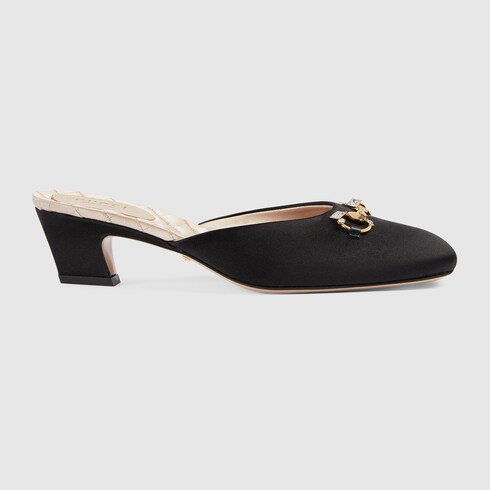 Women's Horsebit mule in Black Fabric Satin | GUCCI® SI
